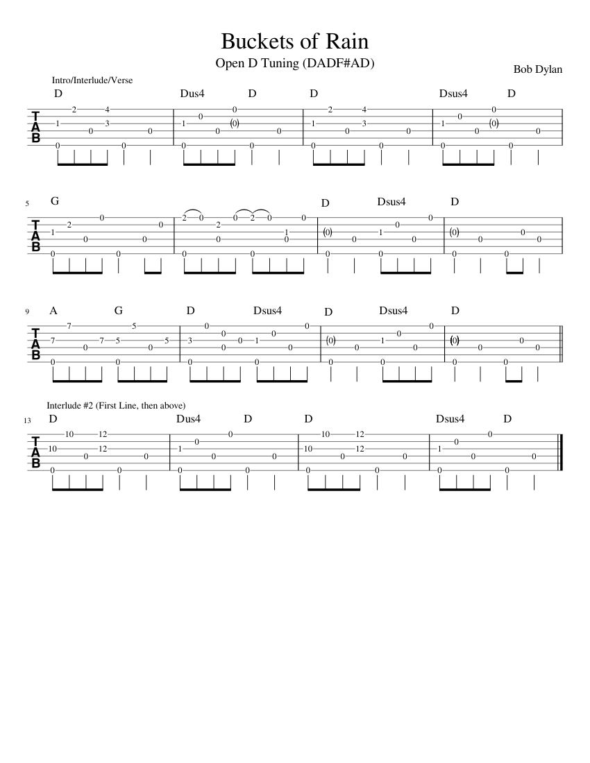Buckets of Rain (Open D Guitar Tuning) Sheet Music and Tab with Chords ...