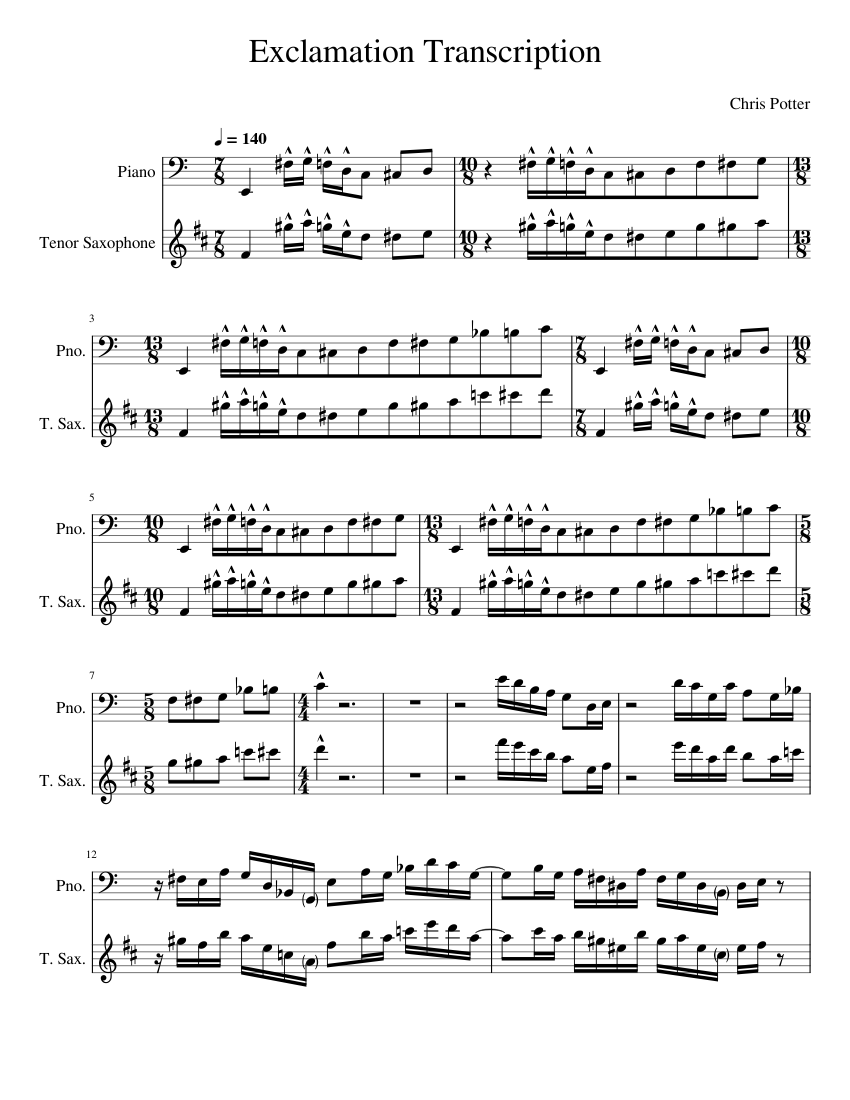 Exclamation Head Transcription Sheet music for Piano, Saxophone tenor ...