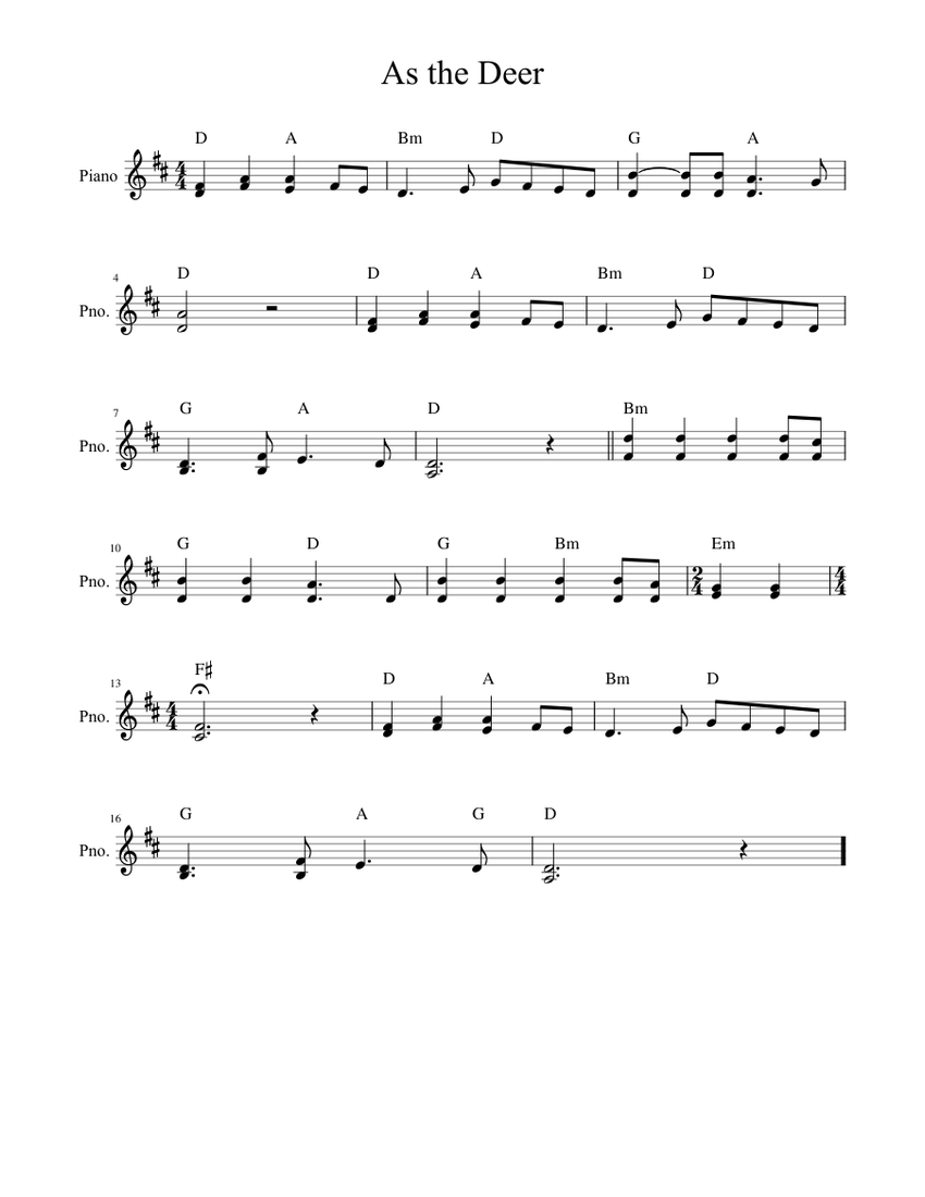 As the Deer Sheet Music with Chords for Piano (Solo) Easy | MuseScore.com