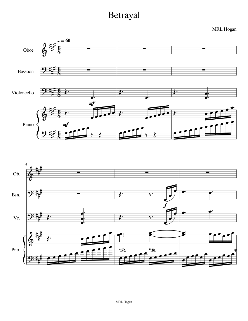 Betrayal Sheet Music for Piano, Oboe, Bassoon, Cello (Mixed Quartet ...