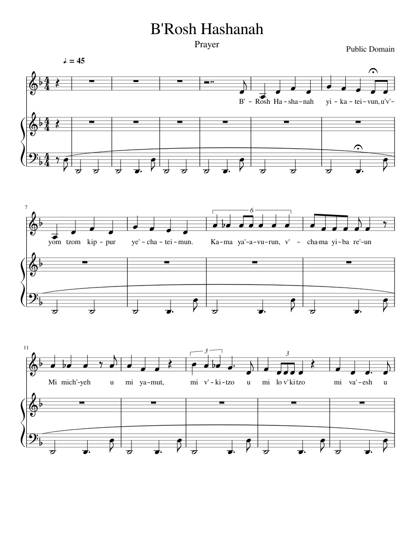 B'Rosh Hashanah Sheet Music for Piano, Vocals (Piano-Voice) | MuseScore.com