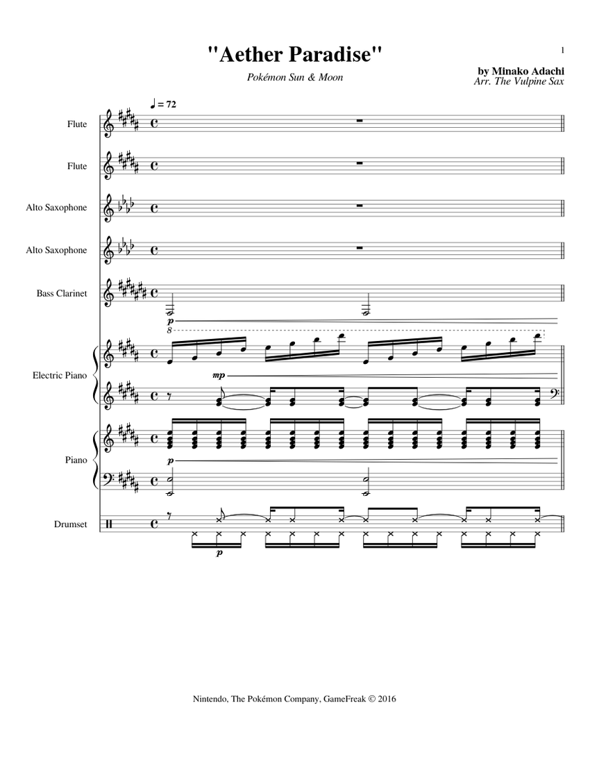 Aether Paradise Sheet Music for Piano, Flute, Clarinet bass, Saxophone ...