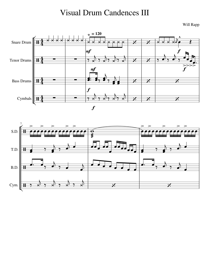 DrumLine Cadence Sheet music for Snare drum, Crash, Tenor drum, Bass ...