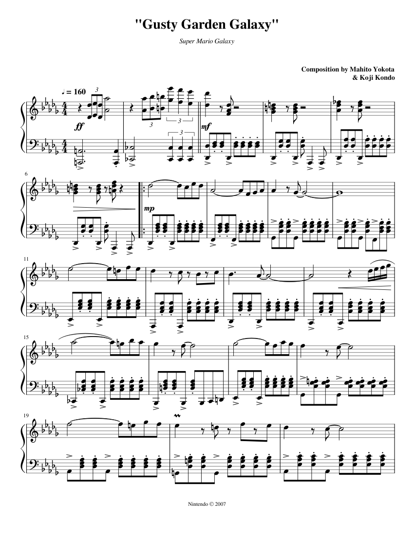 Super Mario Galaxy - Gusty Garden Galaxy Sheet Music for Piano (Solo ...