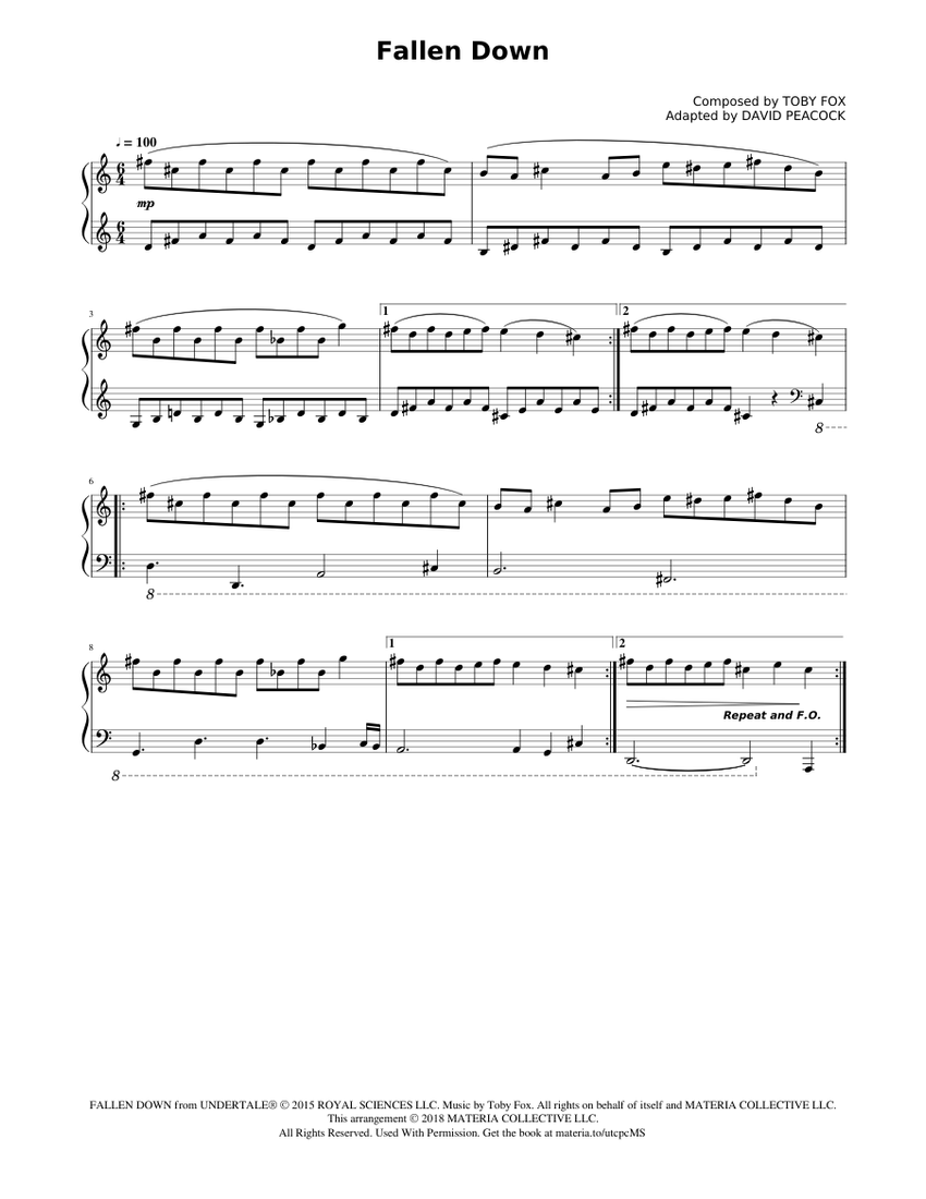 Fallen Down (UNDERTALE Complete Piano Sheet Music) Sheet Music for ...