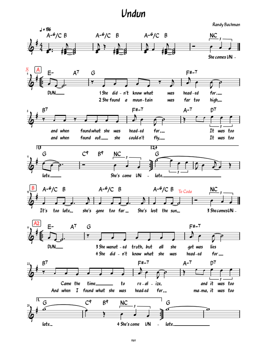 Undun (Lead sheet with lyrics ) - piano tutorial