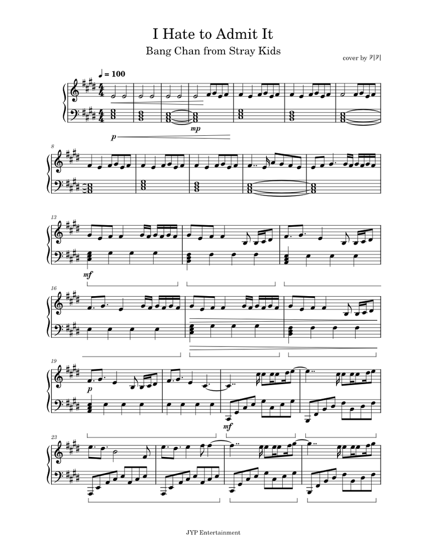 I Hate to Admit It (인정하기 싫어) - Bang Chan (방찬) Sheet Music for Piano ...