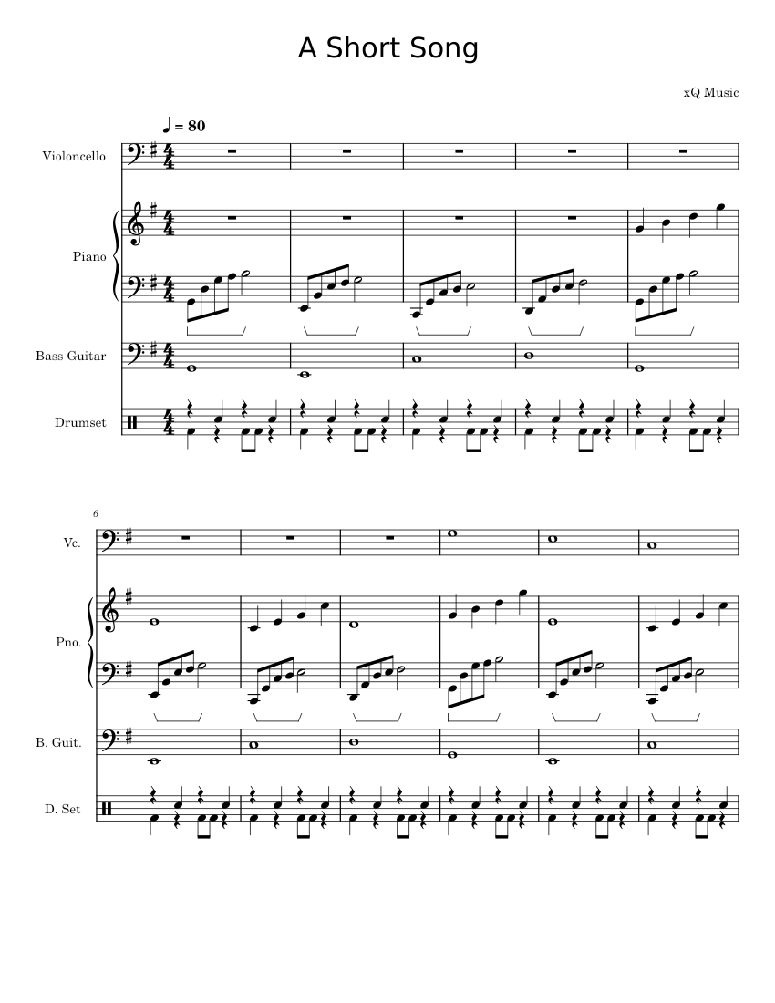 A Short Song Sheet Music for Piano, Cello, Bass guitar, Drum group ...