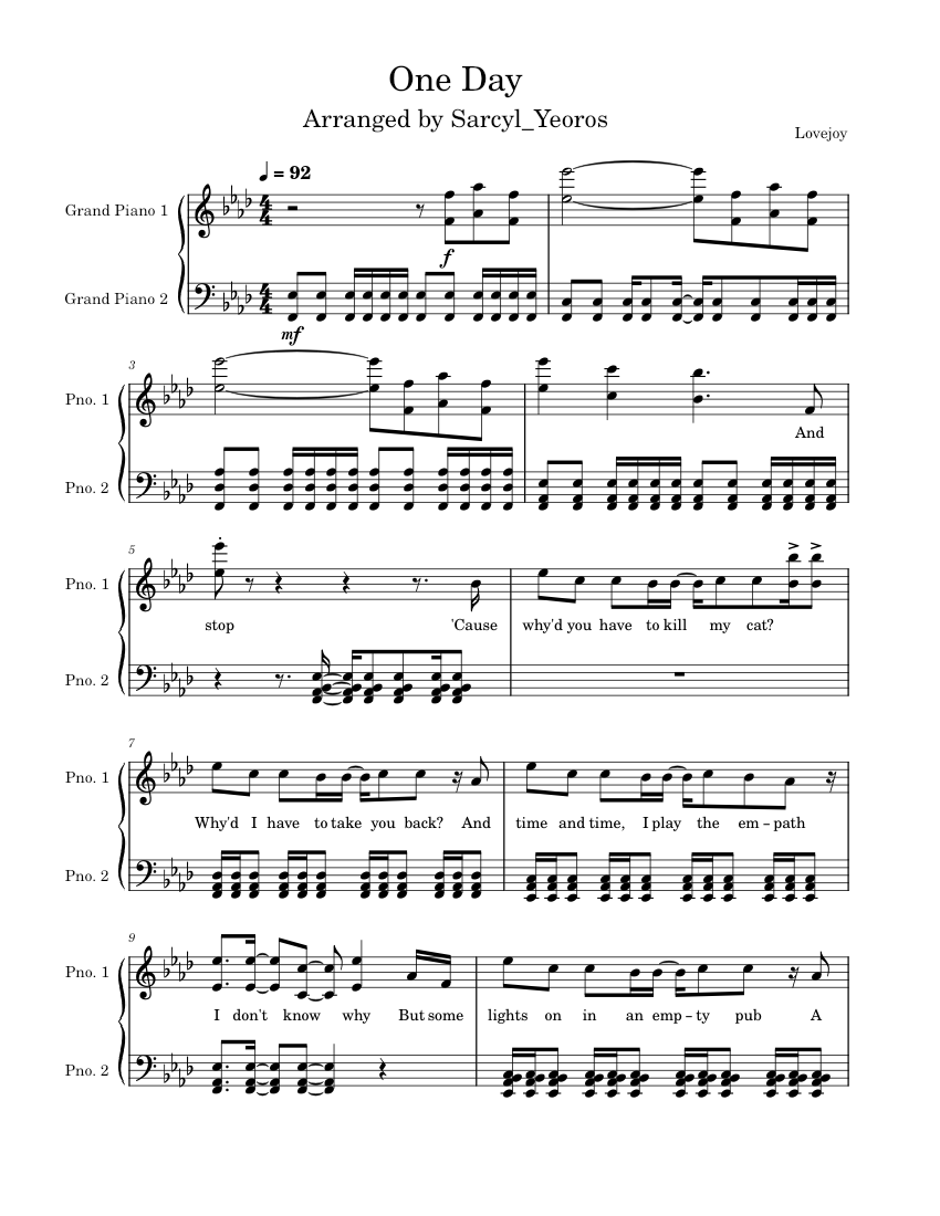 One Day – Lovejoy (Wilbur Soot) Sheet Music for Piano (Solo ...