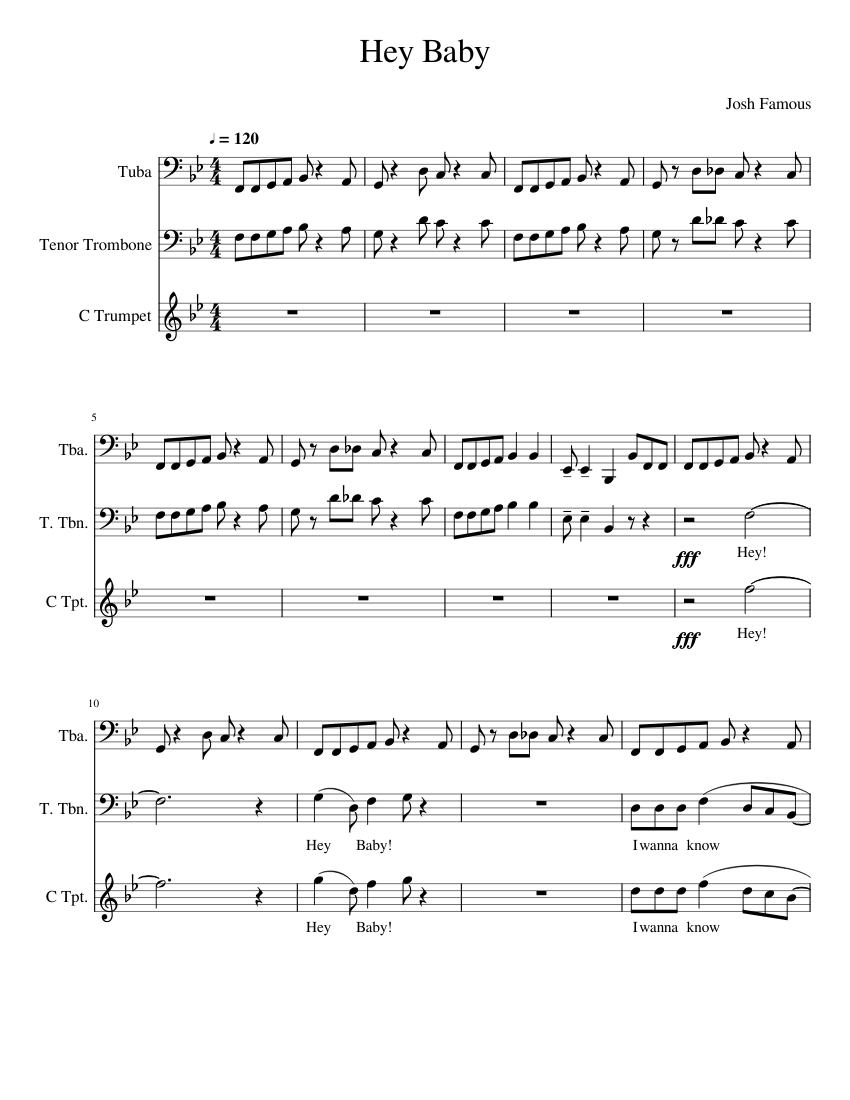Hey Baby Sheet Music for Tuba, Trombone tenor, Trumpet in c (Mixed Trio ...