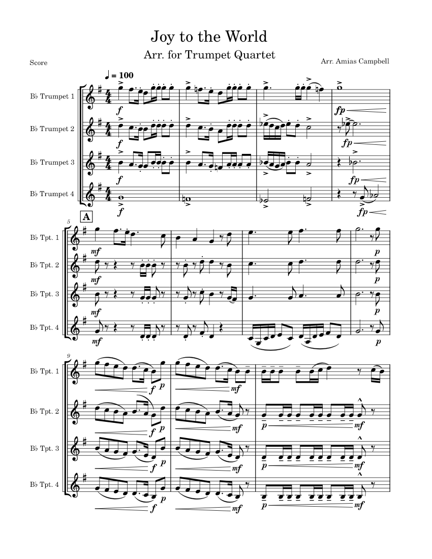Joy To The World, Arr. for Trumpet Quartet Sheet Music for Trumpet in b ...