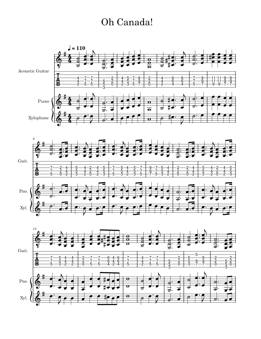 Oh Canada! Sheet Music and Tab for Piano, Guitar, Xylophone (Mixed Trio ...