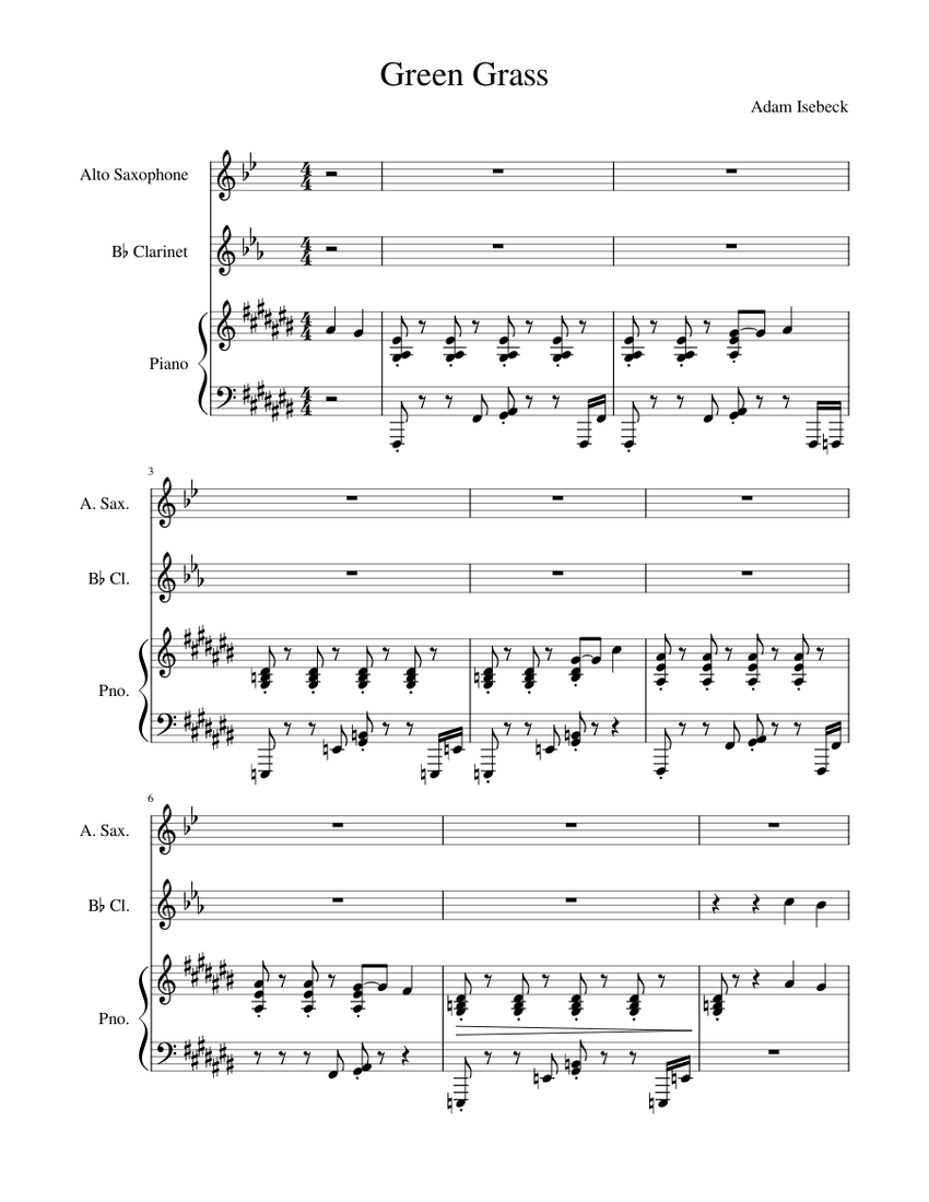 Green Grass Sheet Music for Piano, Clarinet in b-flat, Saxophone alto ...