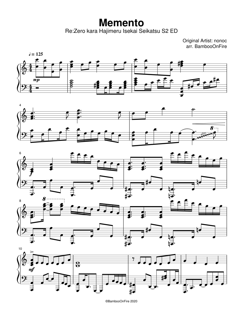 Memento by nonoc - (Re:ゼロから始める異世界生活) 2nd Season ED Sheet Music for ...