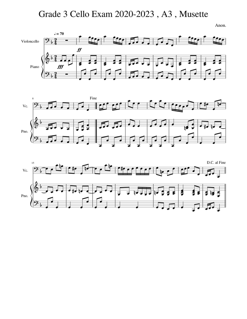 Grade 3 Cello Exam 2020-23 , A3 , Musette Sheet Music for Piano, Cello ...