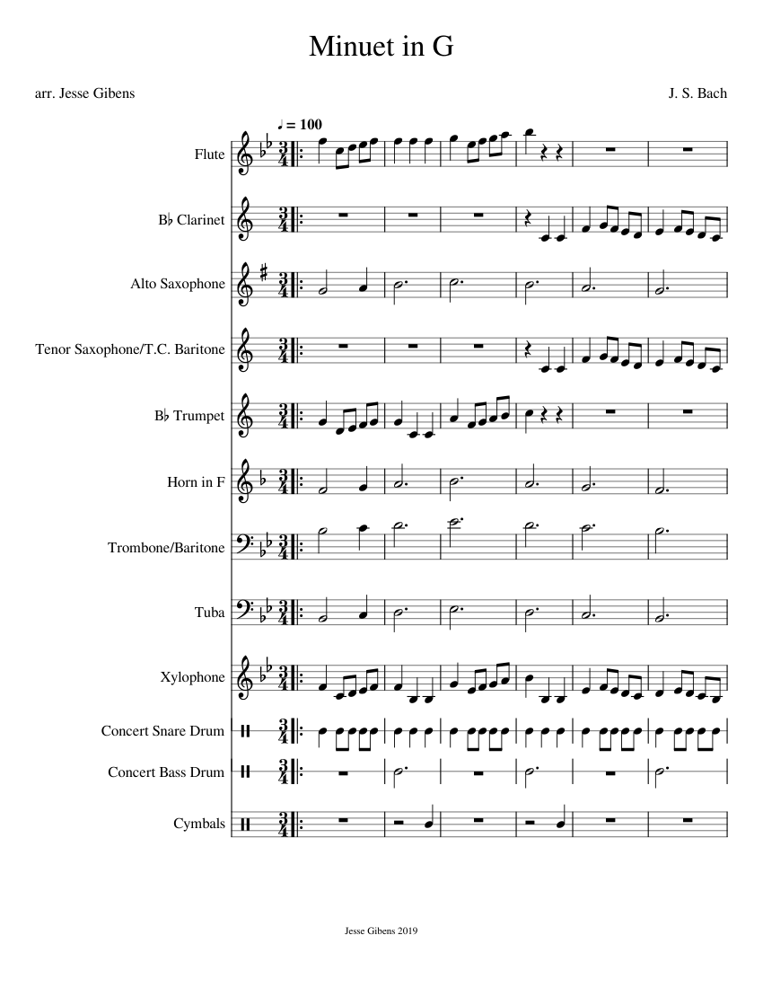 Minuet_in_G Sheet music for Trombone, Tuba, Flute, Clarinet in b-flat ...