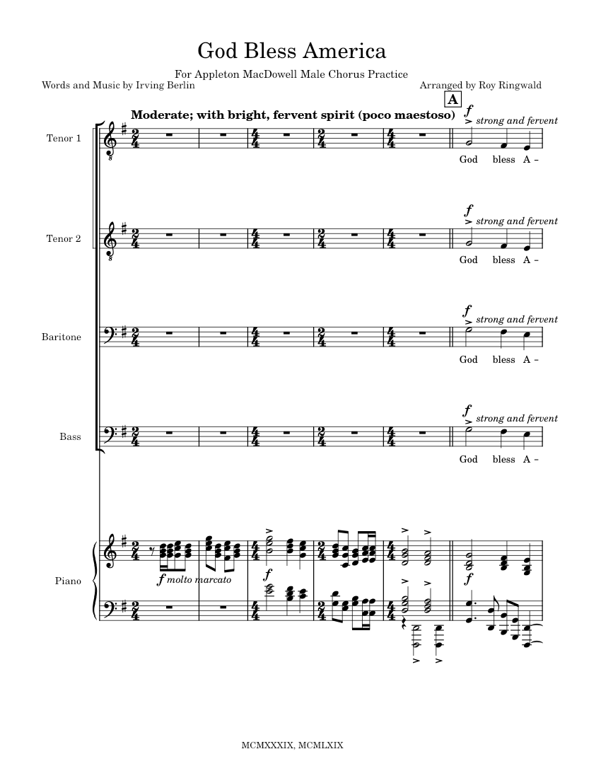 God Bless America – For Appleton MacDowell Male Chorus Practice Sheet ...