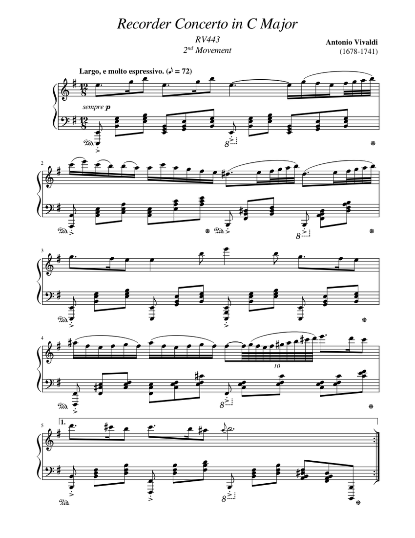 Antonio Vivaldi - Recorder Concerto in C Major - Largo - Piano Solo Arrangement Sheet music for ...