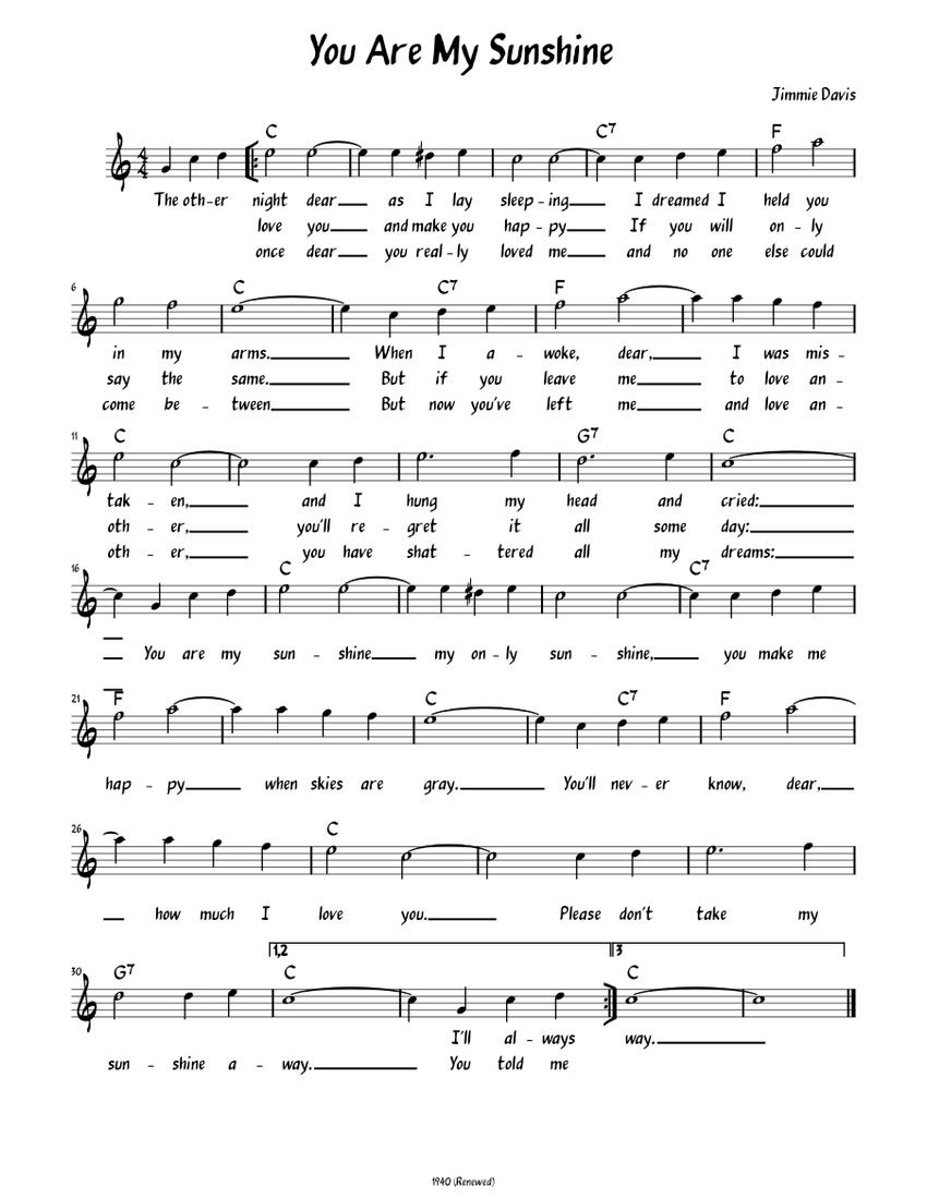 You Are My Sunshine (Lead sheet with lyrics ) Sheet Music with Chords for Piano (Solo) Easy ...