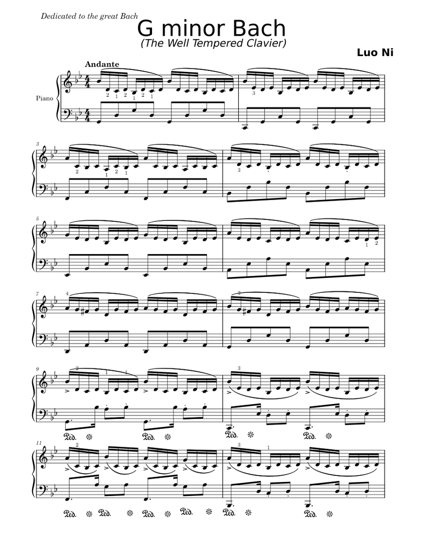 G Minor Bach (pedal & finger annotated) Sheet Music for Piano (Solo ...