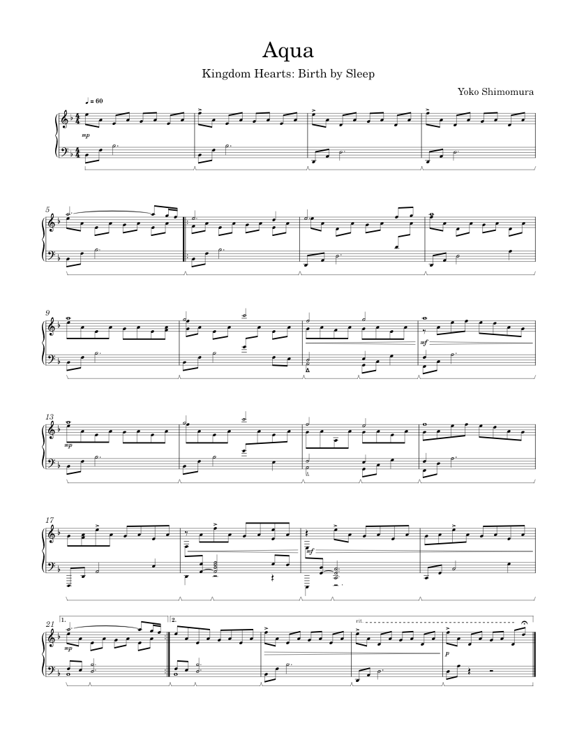 Aqua (Kingdom Hearts) – Yoko Shimomura Sheet Music for Piano (Solo) Easy | MuseScore.com