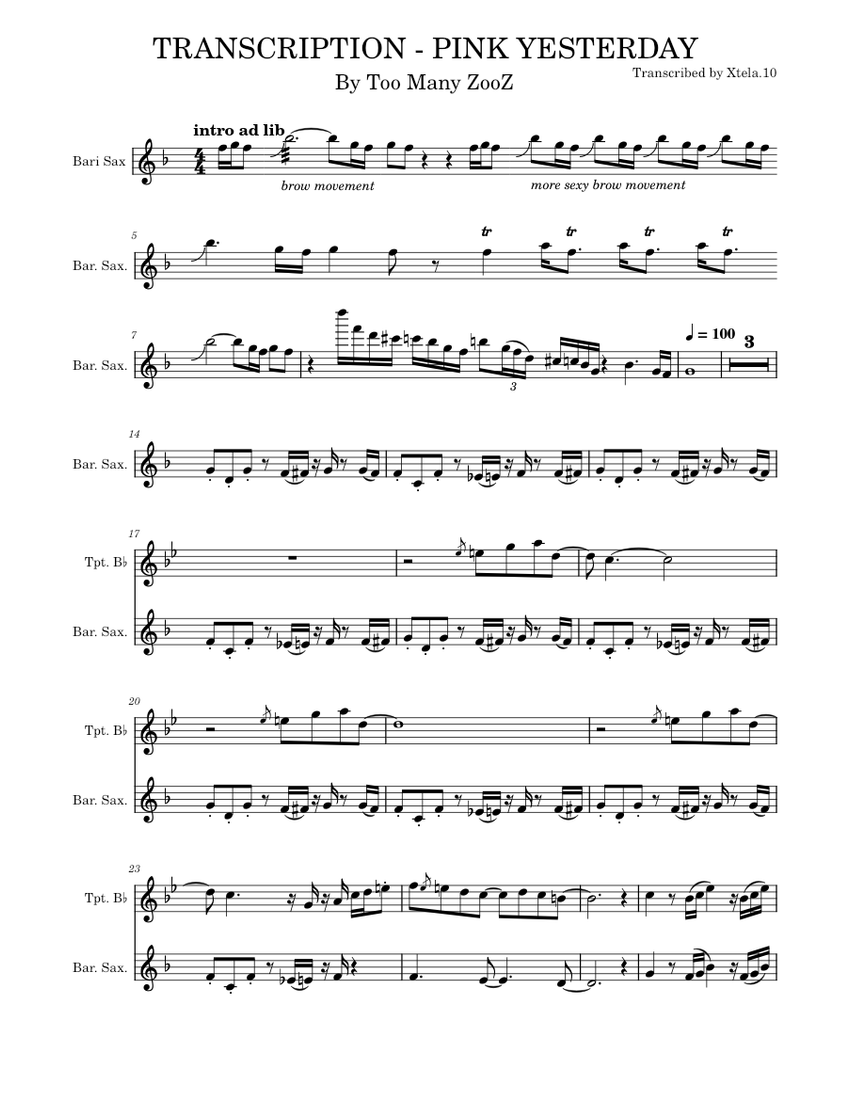Pink yesterday but i added a mello part Sheet Music for Trombone ...