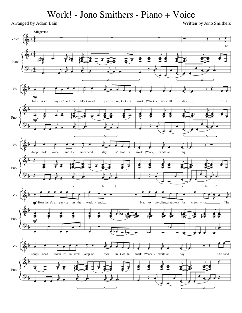 Work! - Jono Smithers Piano + Voice Sheet Music for Piano, Vocals ...