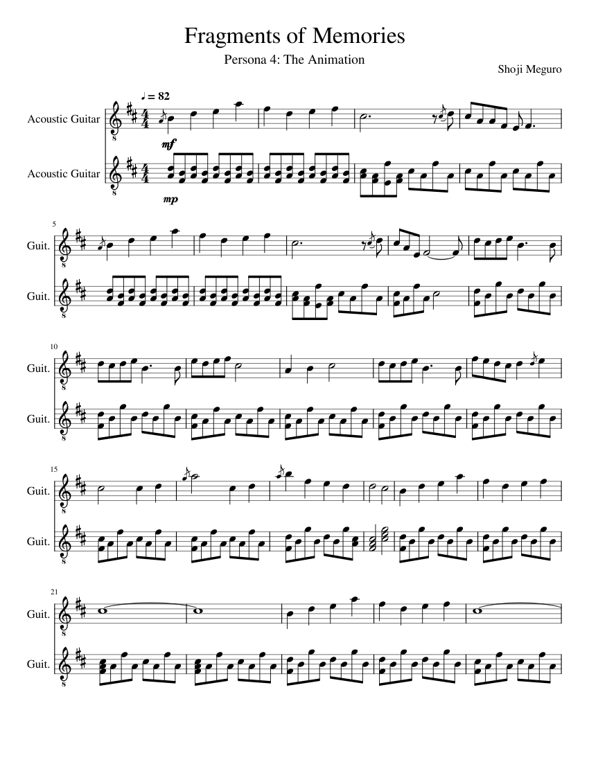 Fragments of Memories Guitar Duet (Persona 4: The Animation) Sheet ...