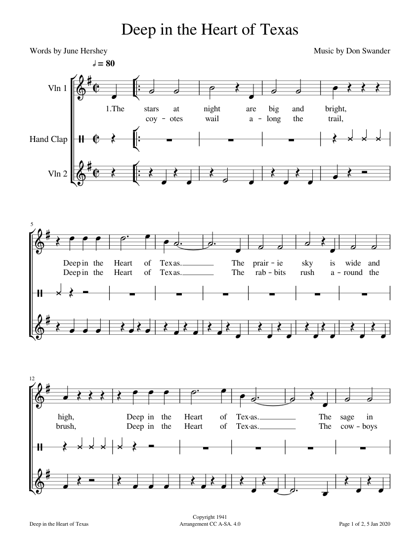 Deep in the Heart of Texas Sheet Music for Violin, Hand clap (String ...