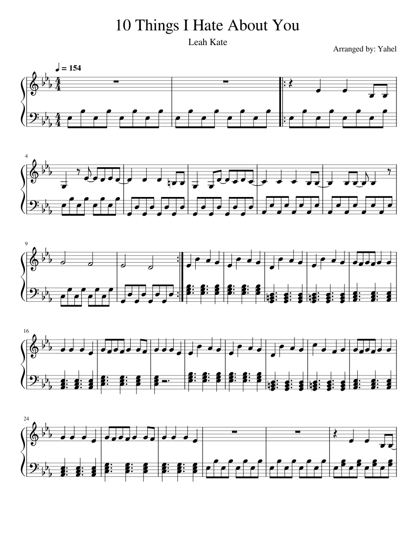 10 Things I Hate About You – Leah Kate Sheet Music for Piano (Solo ...
