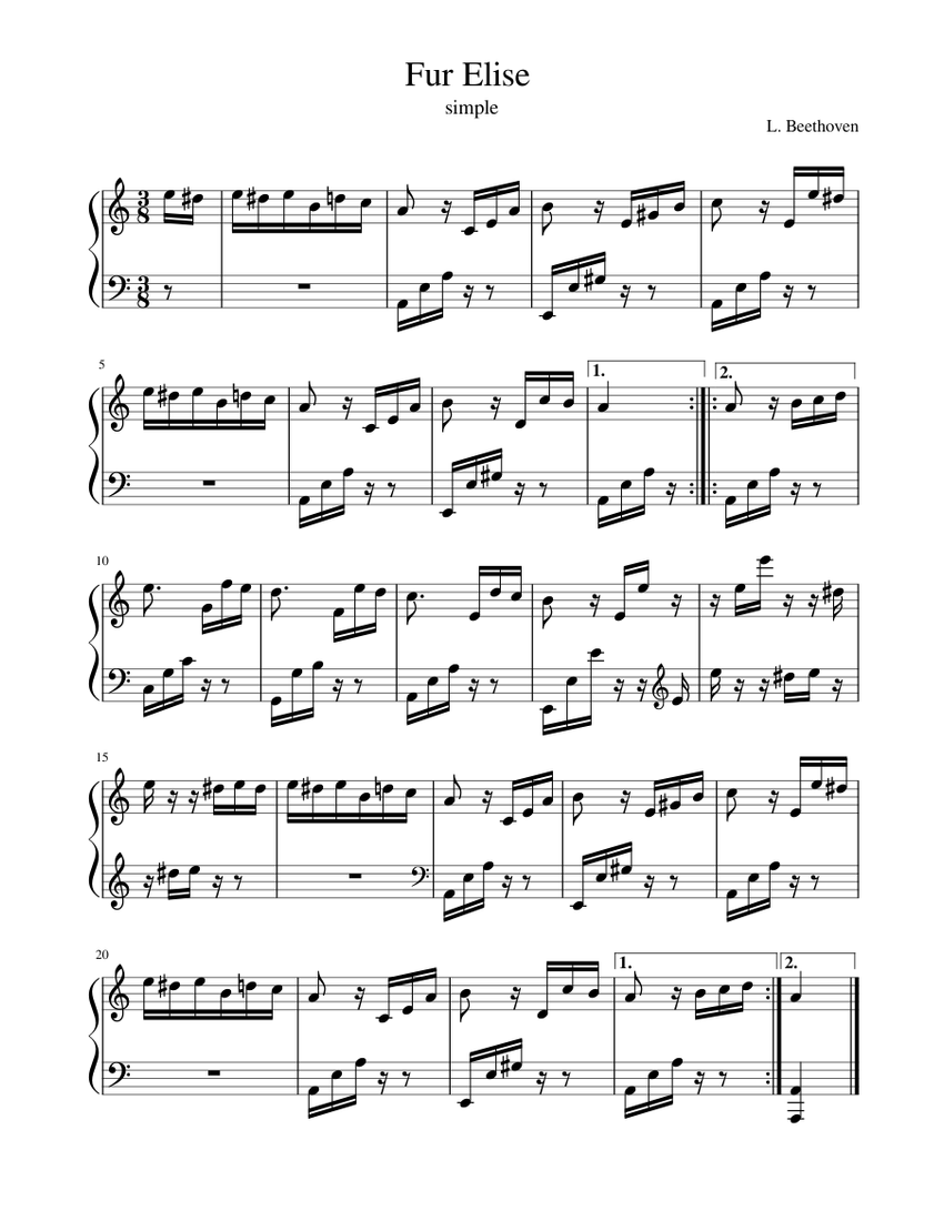 Fur Elise Simple Sheet Music for Piano (Solo) Easy | MuseScore.com