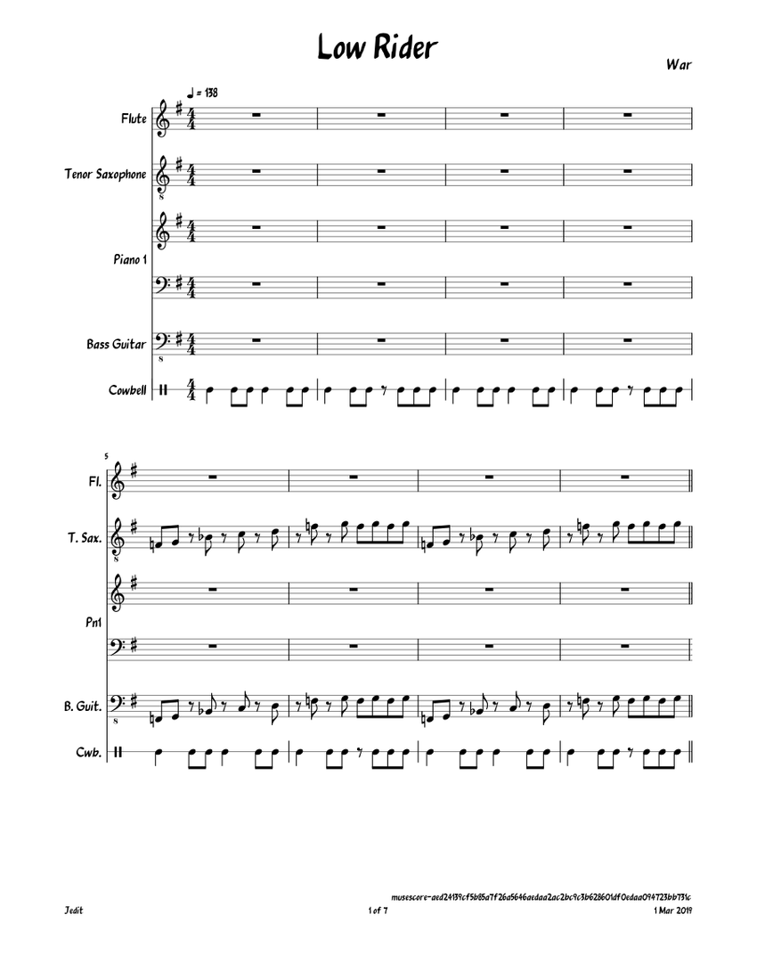 Low Rider Sheet music for Piano, Flute, Saxophone tenor, Bass guitar ...