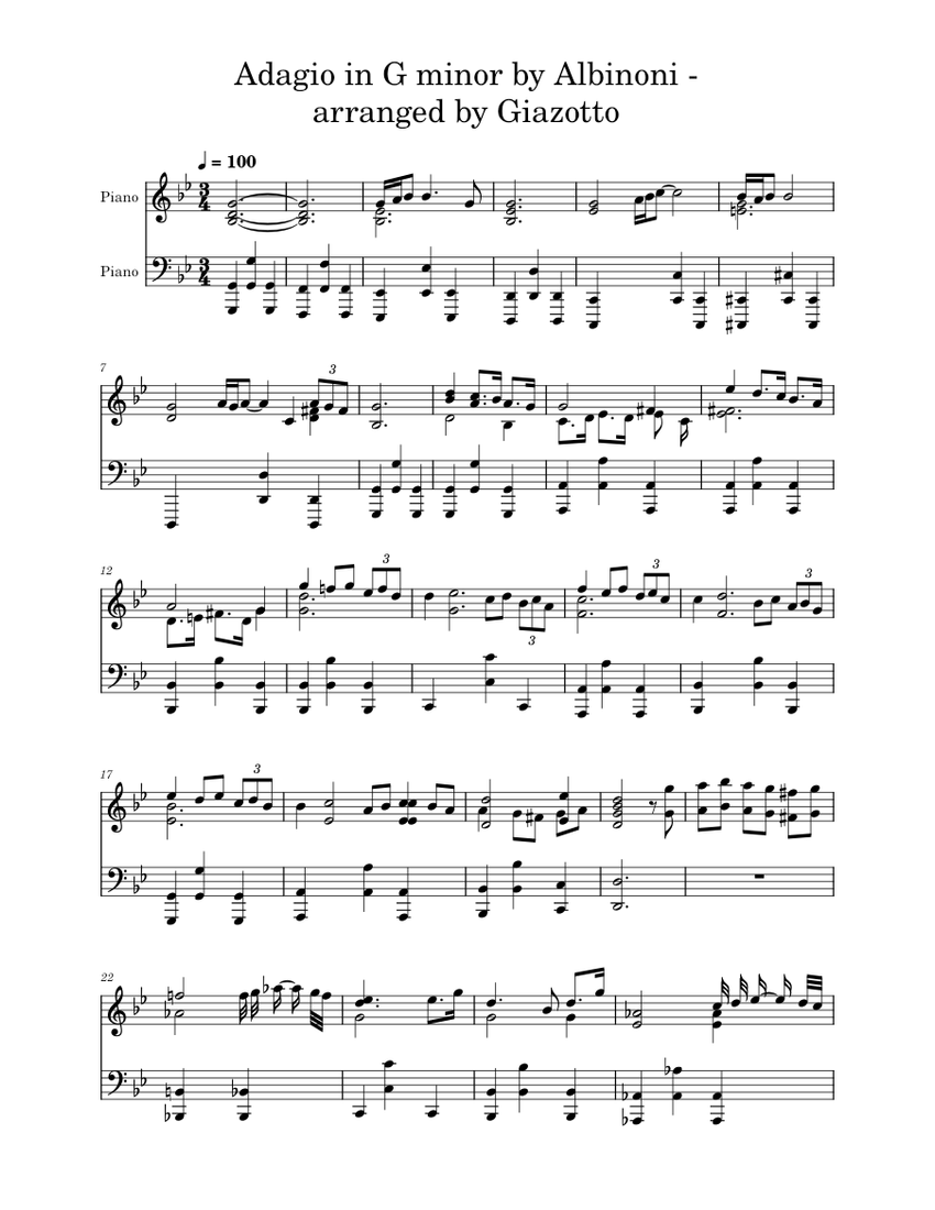 Adagio – Tomaso Albinoni Adagio in G minor by Albinoni - arranged by Giazotto Sheet Music for ...