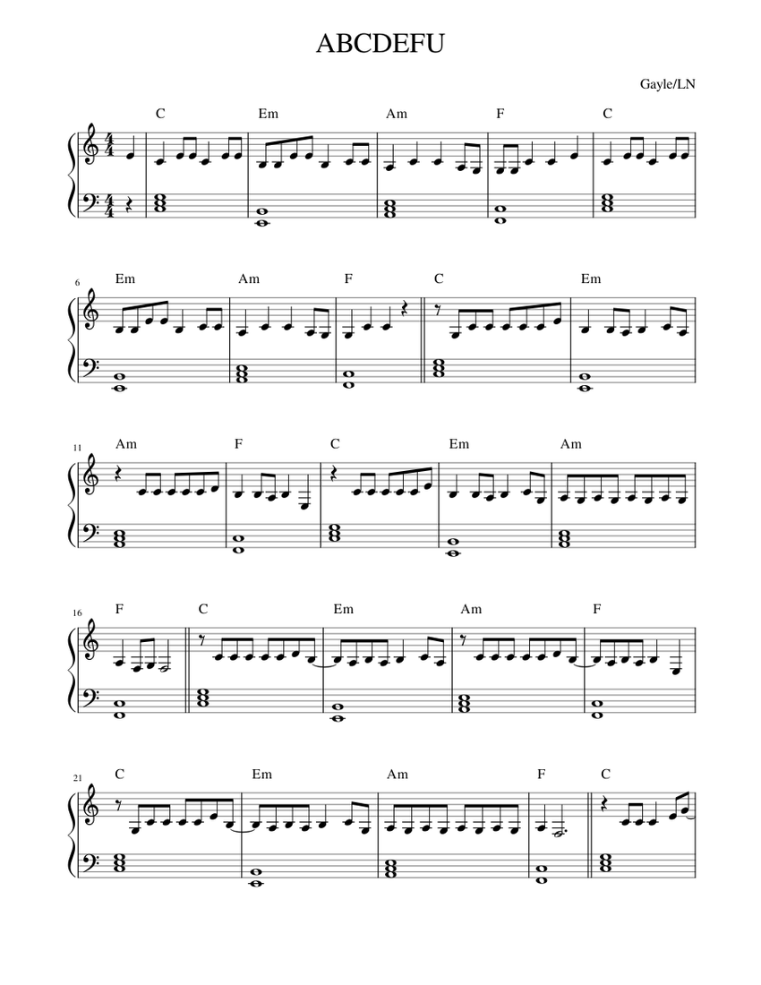 Abcdefu – GAYLE ABCDEFU Easy piano in C major Sheet Music with Chords ...