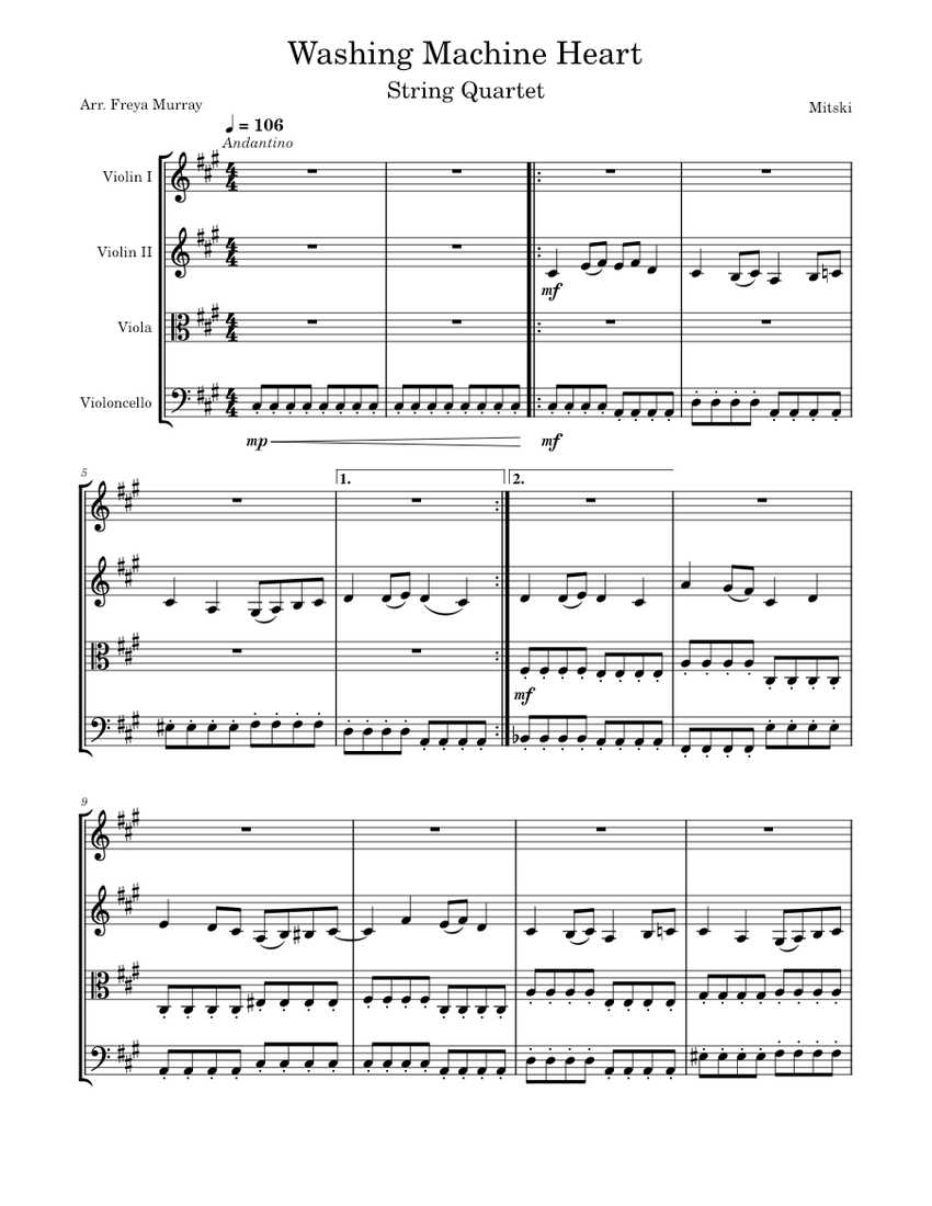 Washing Machine Heart - Mitski (string quartet) Sheet Music for Violin ...