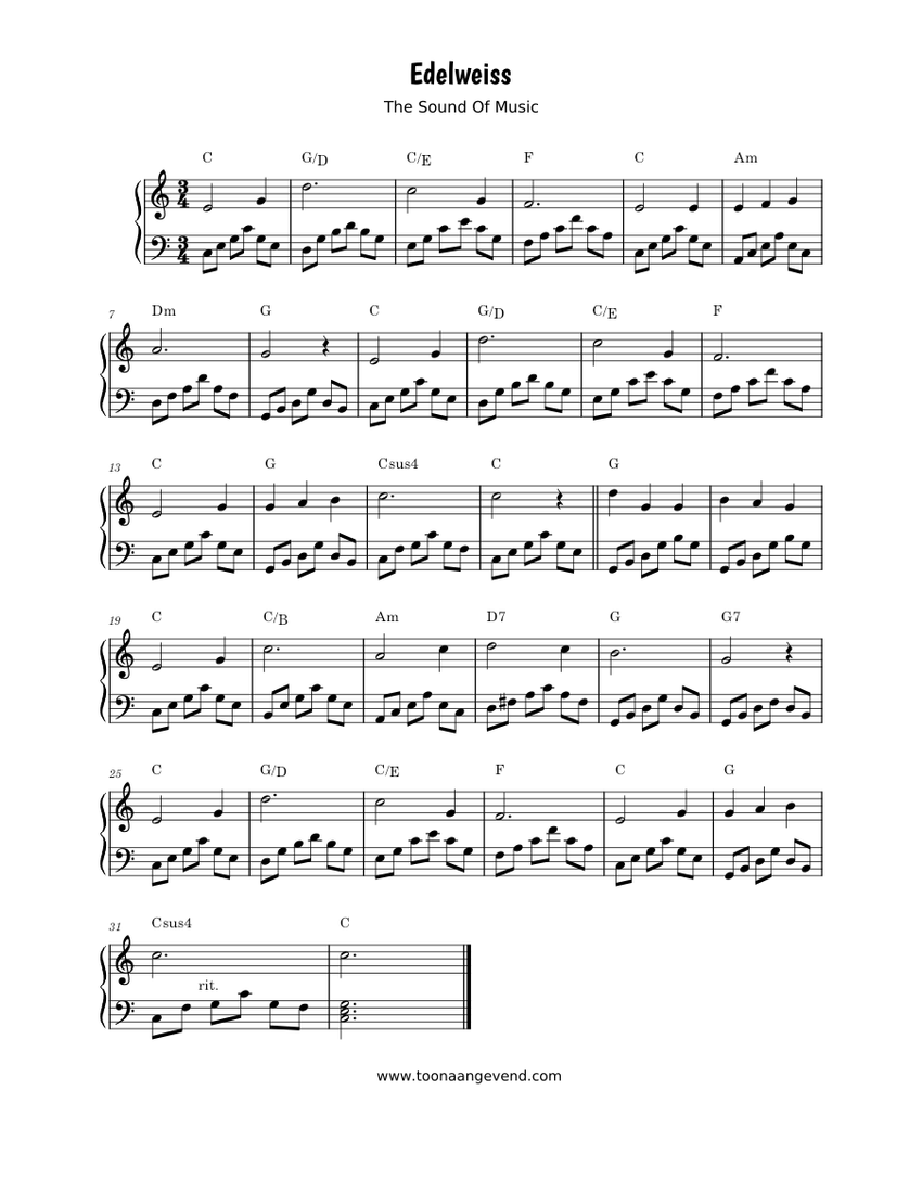 Edelweiss - The Sound Of Music Sheet Music with Chords for Piano (Solo ...