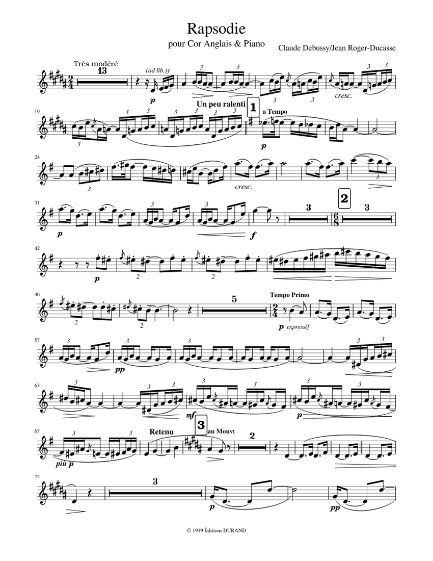 Debussy's Rapsodie pour Cor Anglais et Orchestre Sheet Music for Oboe ...