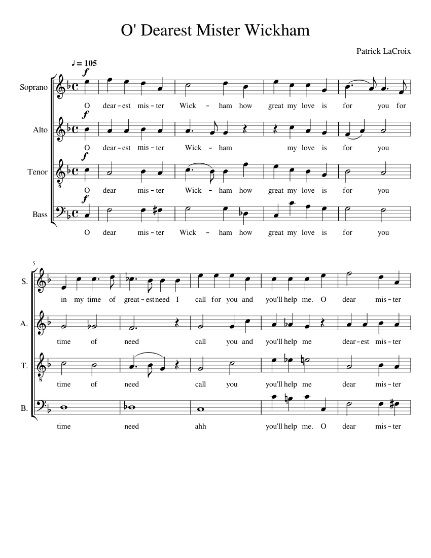 O' Dearest Mister Wickham Sheet music for Soprano, Alto, Tenor, Bass ...