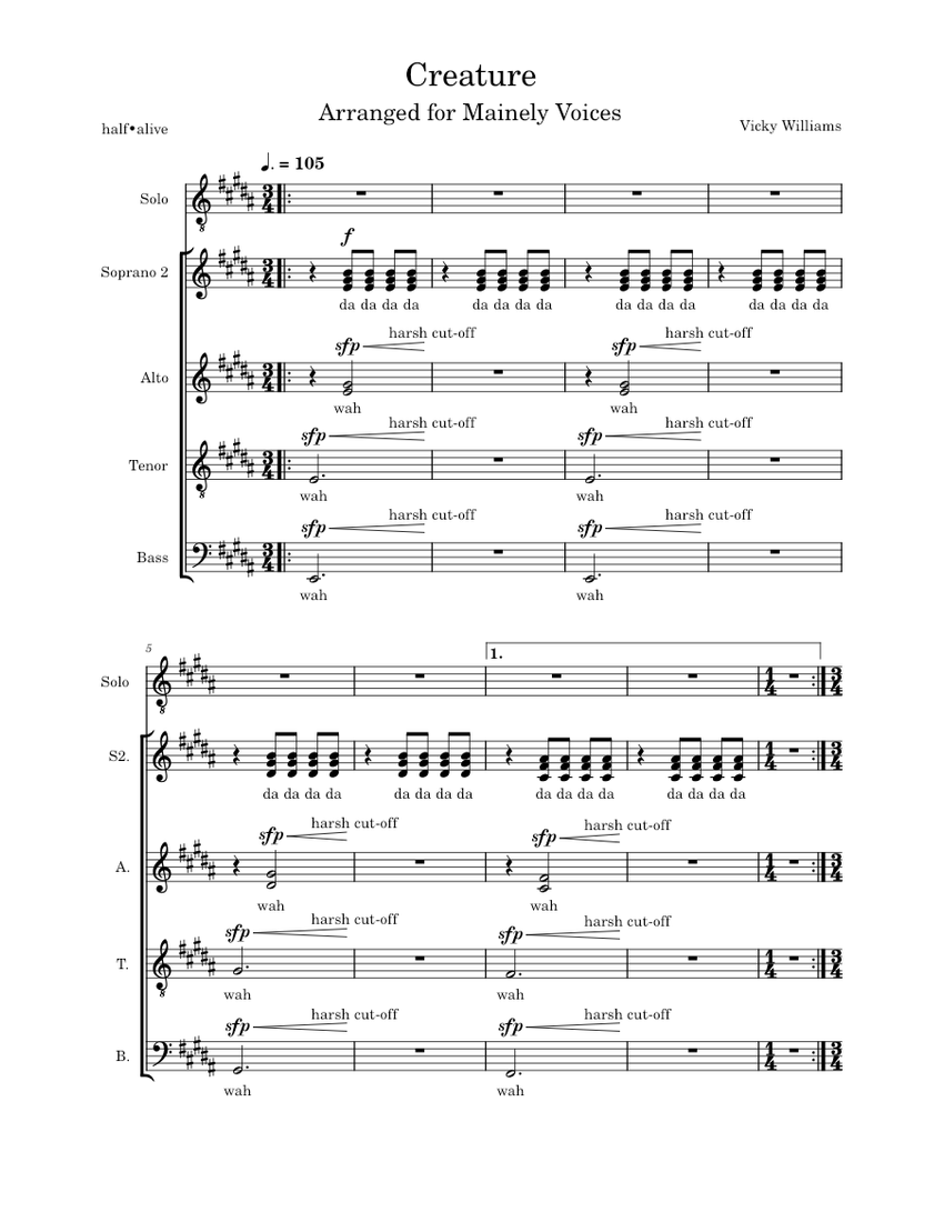 Creature – half•alive Sheet Music for Soprano, Alto, Tenor, Bass voice ...