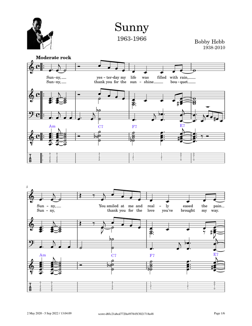 Sunny – Bobby Hebb Sheet Music for Piano, Guitar (Piano-Voice-Guitar ...