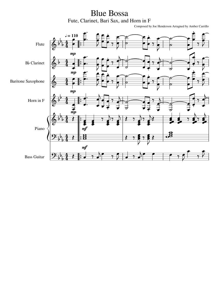 Blue Bossa Fute, Clarinet, Bari Sax, and Horn in F Sheet Music for ...