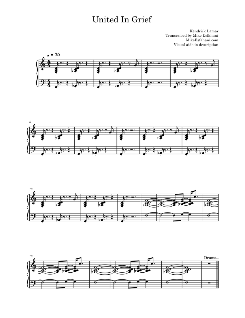 United In Grief - Kenrick Lamar Sheet Music for Piano (Solo) easy ...
