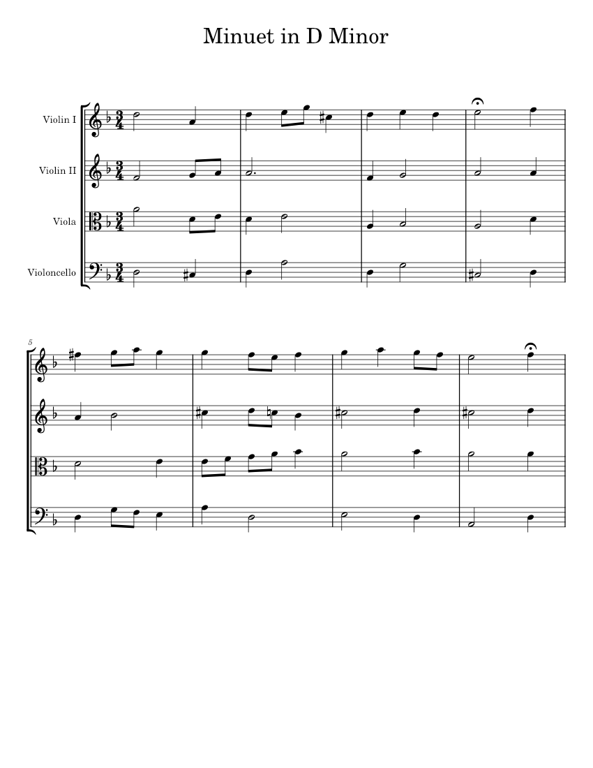 Minuet in D Minor Sheet music for Violin, Viola, Cello (String Quartet ...