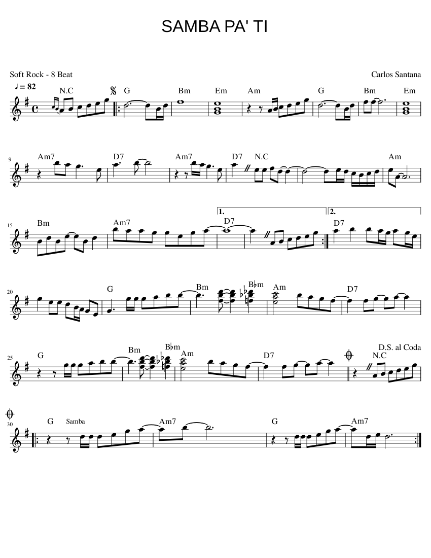 SAMBA PA' TI Sheet Music with Chords for Piano (Solo) easy | MuseScore.com