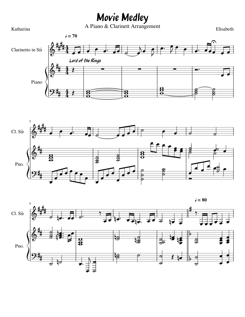 Movie Medley Sheet Music for Piano, Clarinet in b-flat (Solo ...