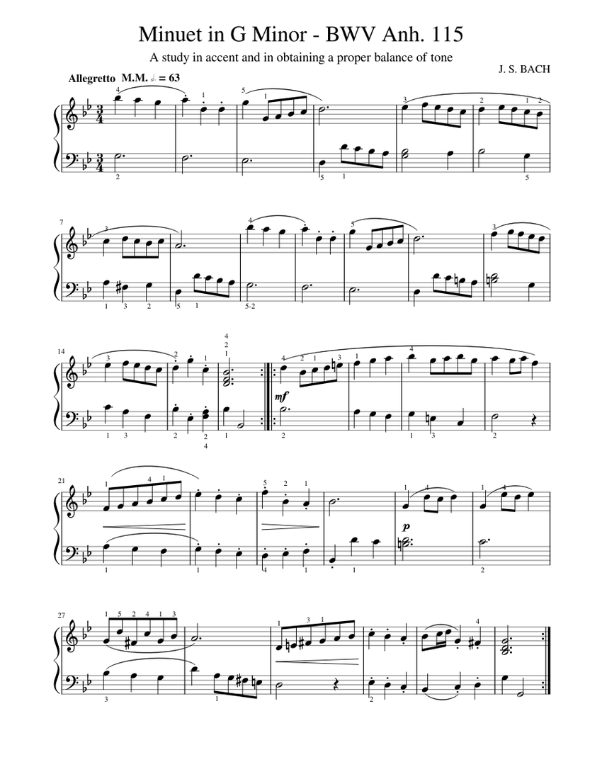 Minuet in G Minor - BWV Anh. 115 Sheet music for Piano (Solo) Easy | Musescore.com