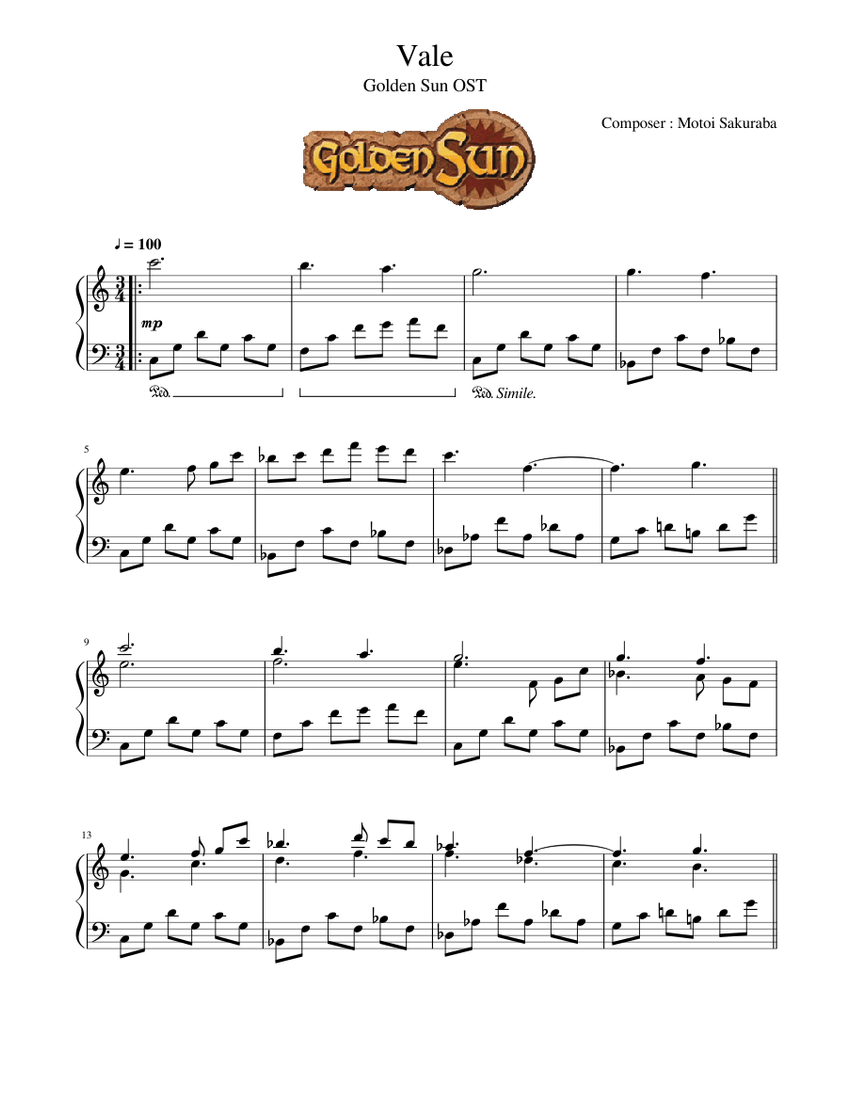Golden Sun OST : Vale Sheet Music for Piano (Solo) Easy | MuseScore.com
