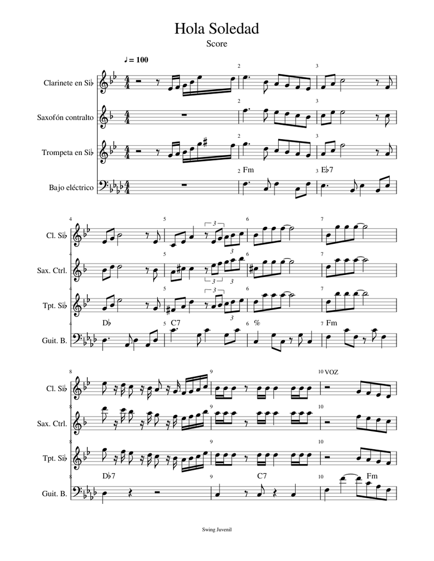 Hola Soledad G Sheet Music with Chords for Clarinet in b-flat ...