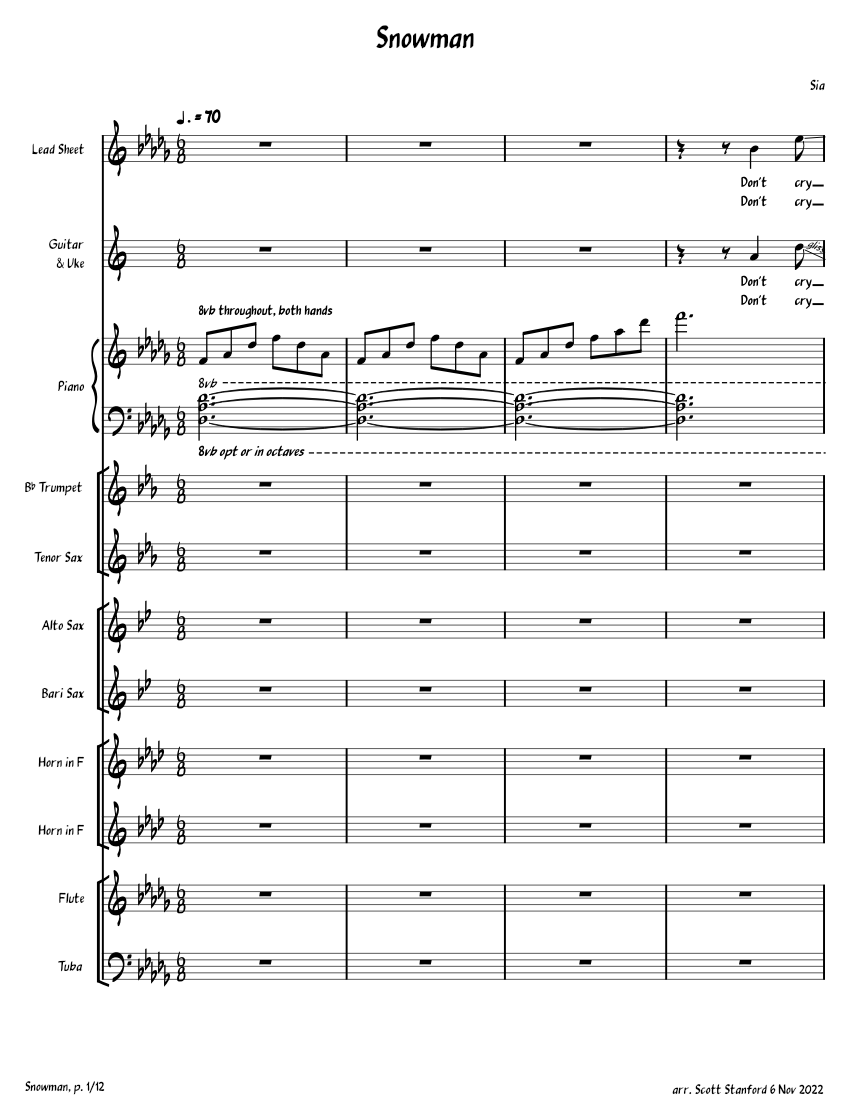 Snowman – Sia (Concert Db) Sheet music for Piano, Tuba, Vocals, Flute ...