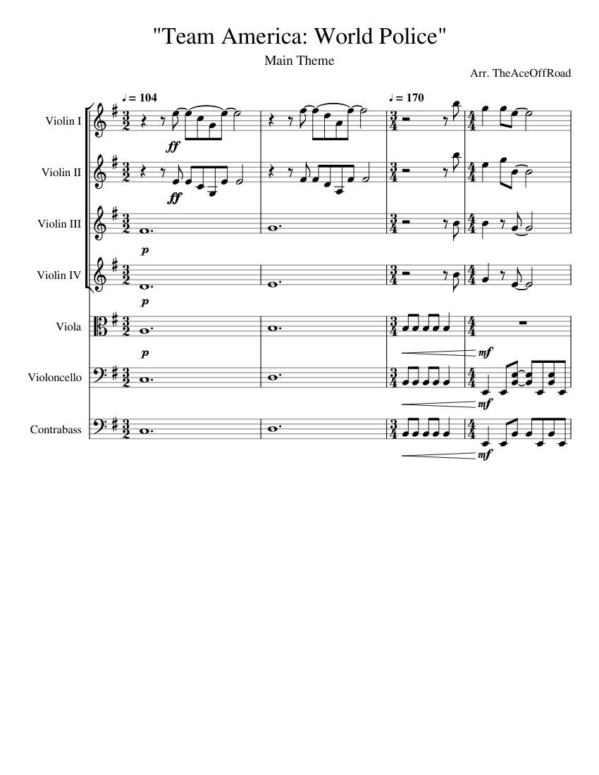 Team America: World Police - Main Theme Sheet Music for Contrabass ...